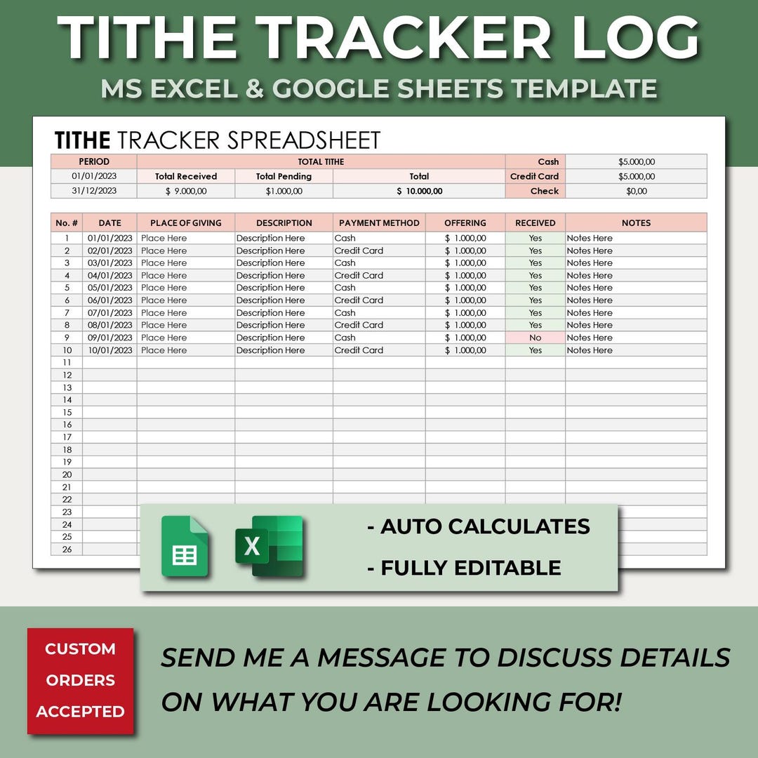 Tithe Tracker Spreadsheet Template. Excel & Google Sheets. Tithes ...