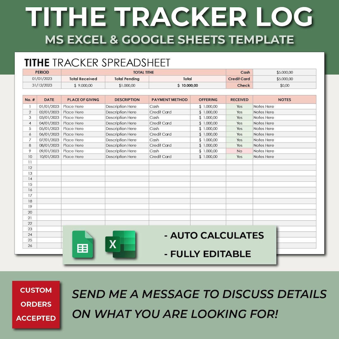 Tithe Tracker Spreadsheet Template. Excel & Google Sheets. Tithes ...