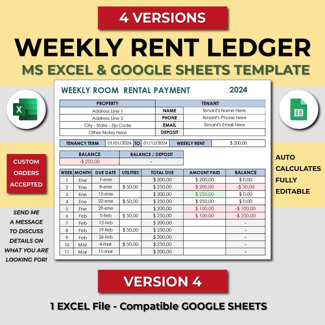 Rent Payment Ledger Template Landlord Rental Spreadsheet. Monthly Rent ...
