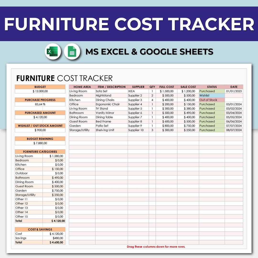 Furniture Cost Tracker | Furniture Planner | Google Sheets Excel Budget ...