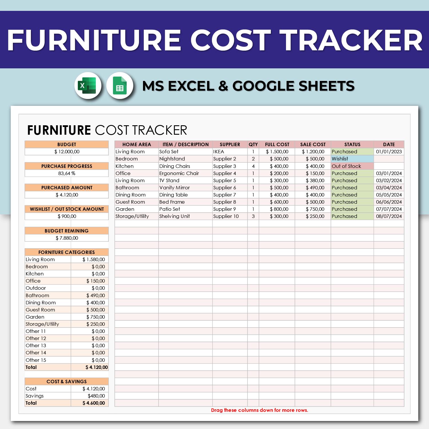 Furniture Cost Tracker | Furniture Planner | Google Sheets Excel Budget ...