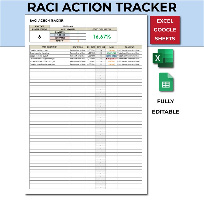 RACI Action Tracker Spreadsheet Template. Project Workflow Spreadsheet ...