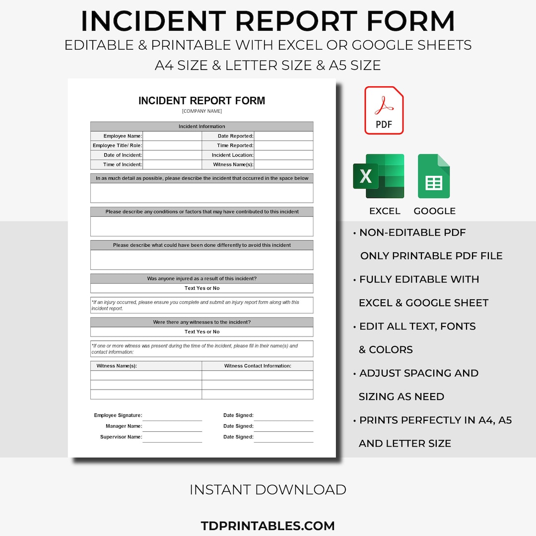 Printable Incident Report Form, Business Report,incident Log Sheet ...