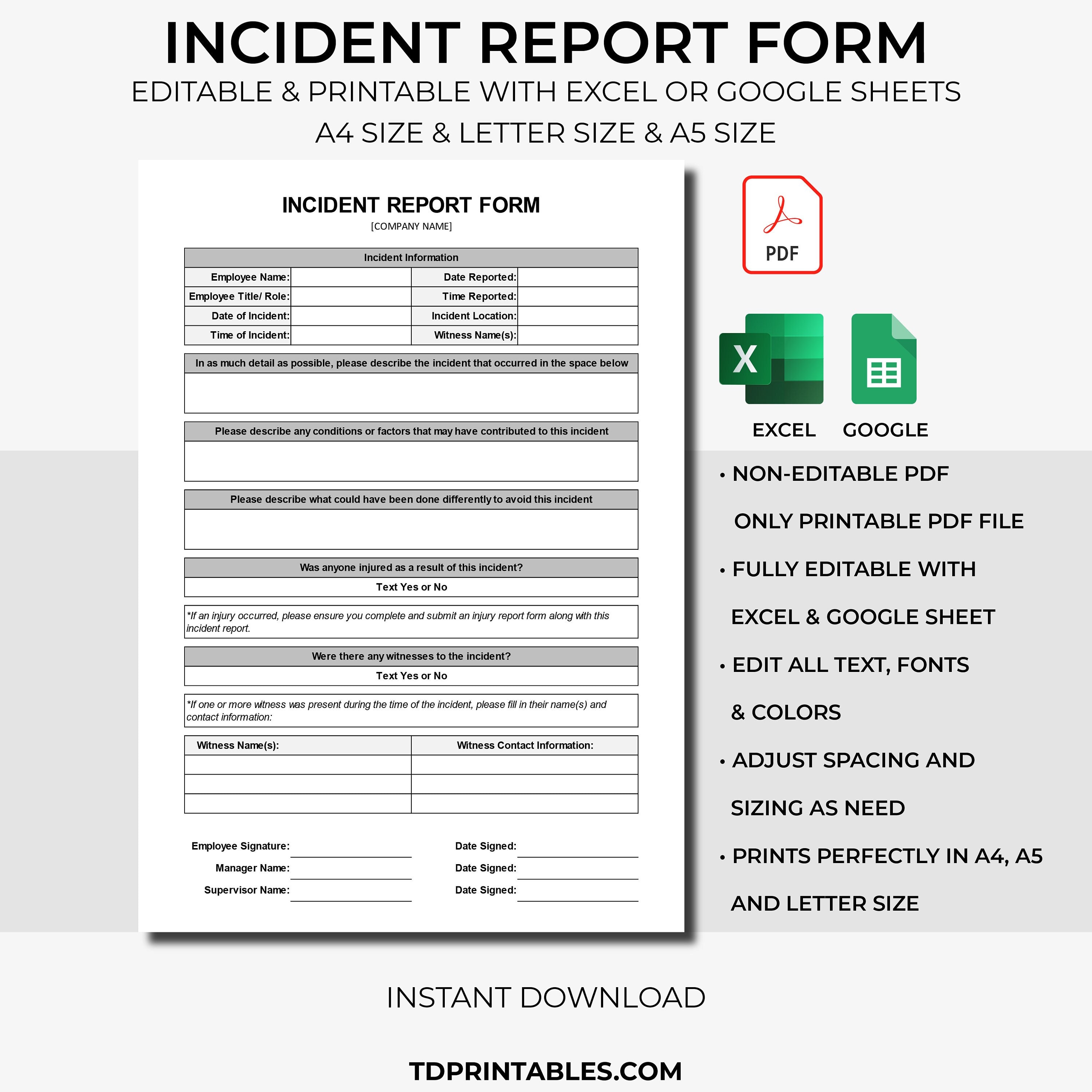 Printable Incident Report Form, Business Report,incident Log Sheet ...