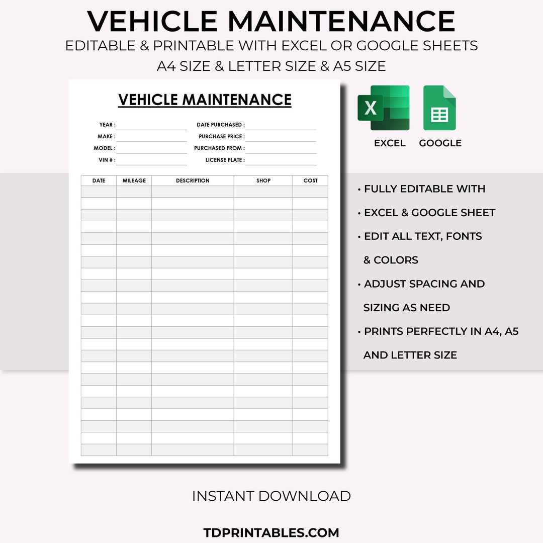 Editable & Printable Vehicle Maintenance, Car Truck Moto SUV, Vehicle ...