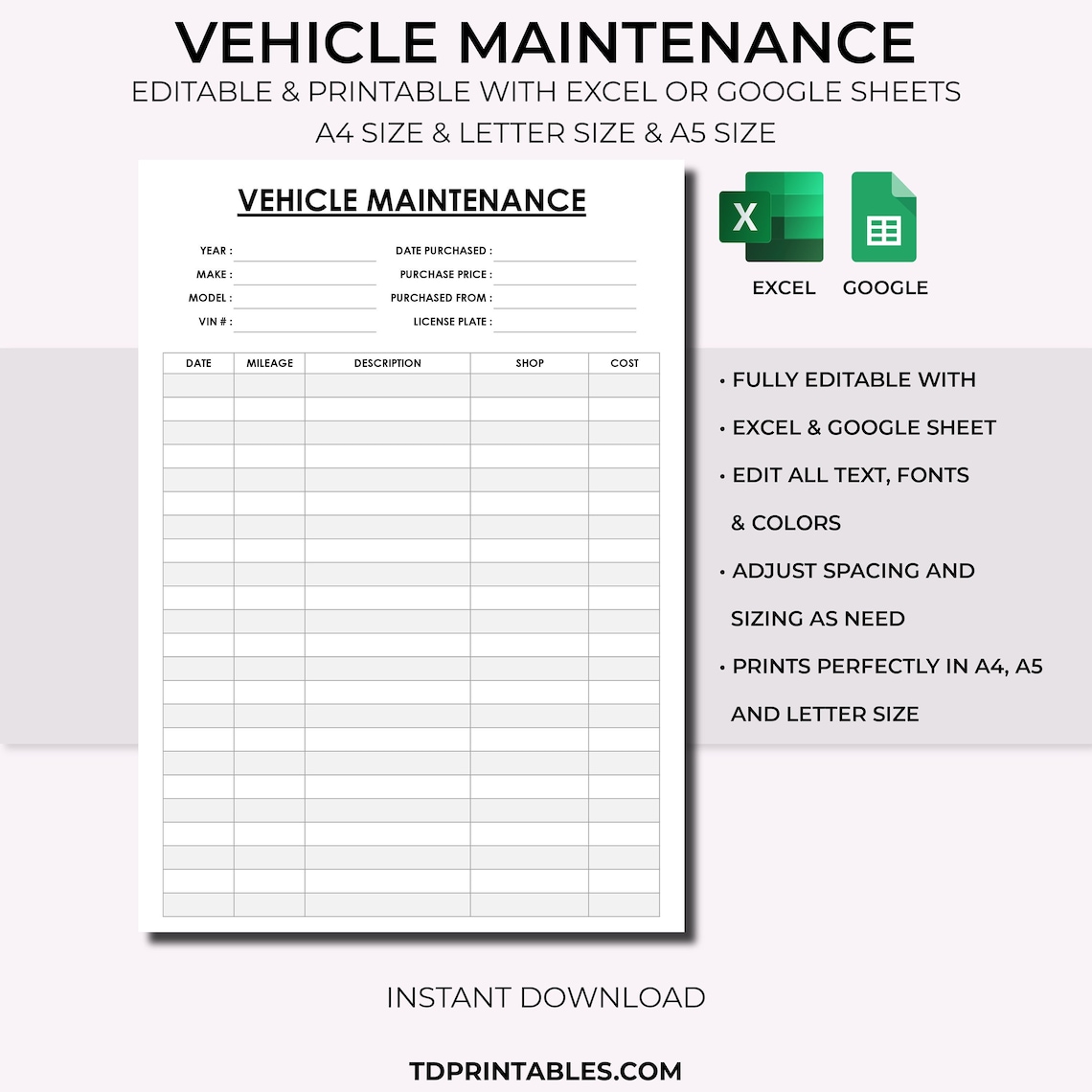 Editable & Printable Vehicle Maintenance, Car Truck Moto SUV, Vehicle ...