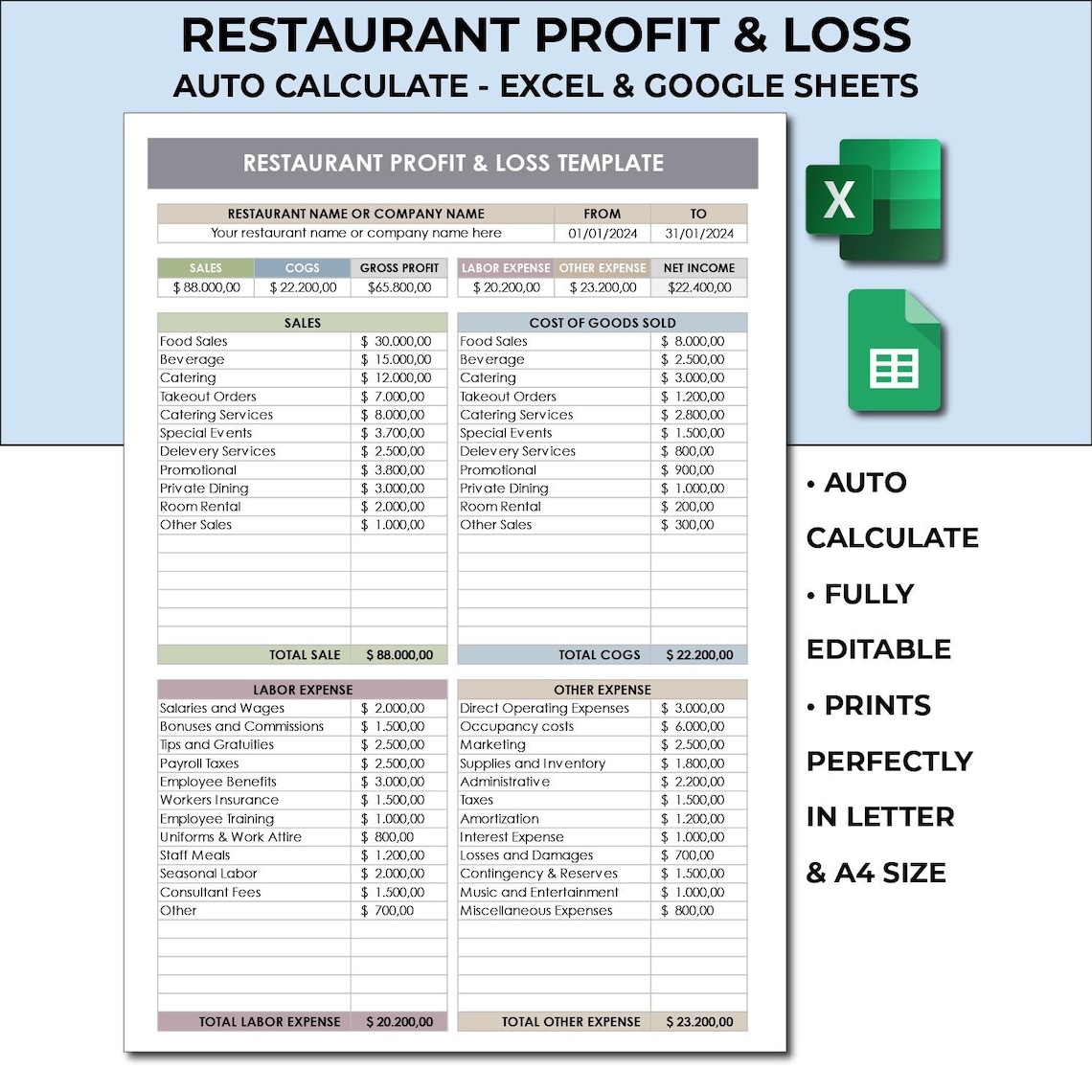 Restaurant Profit & Loss Spreadsheet Template. Restaurant Financial ...