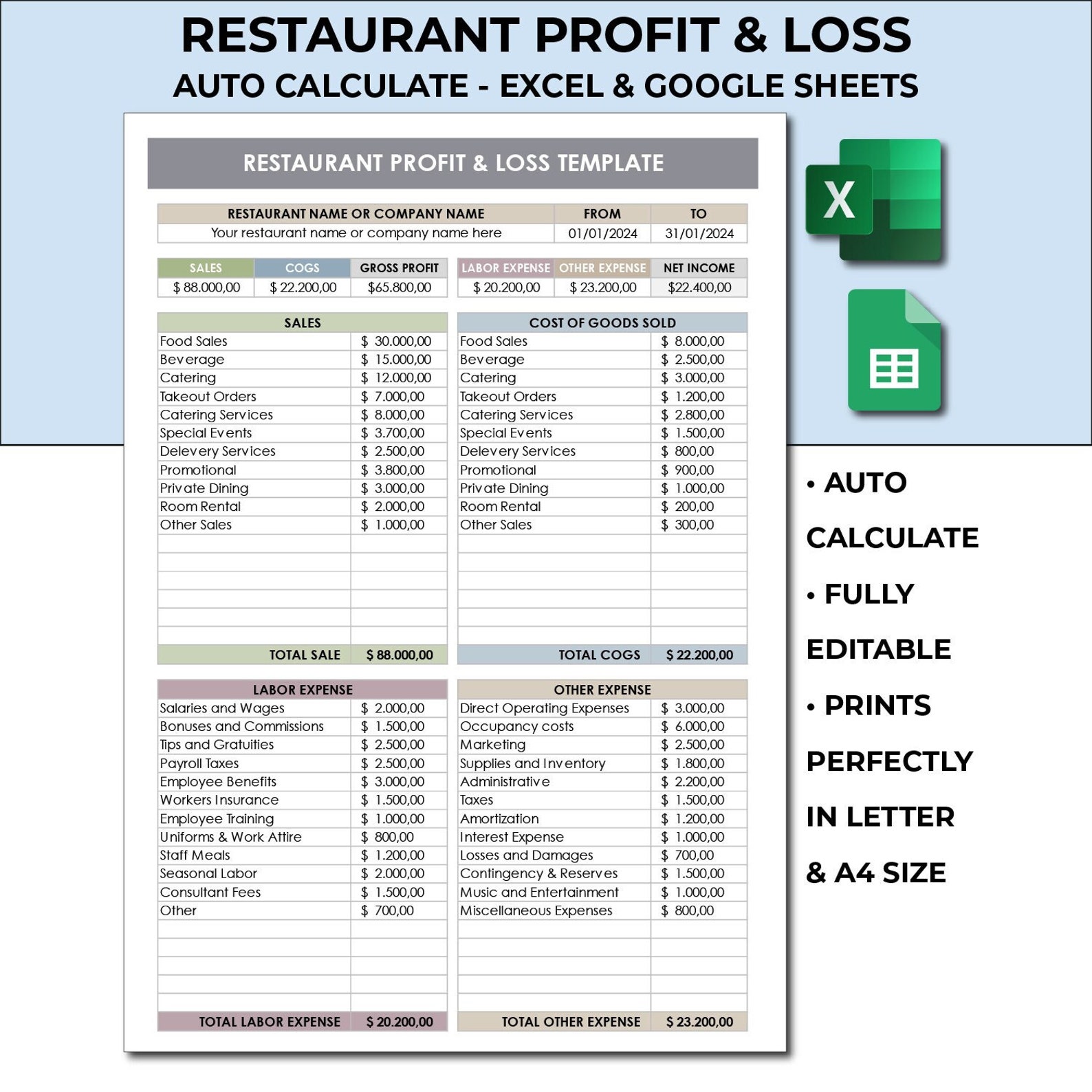 Restaurant Profit & Loss Spreadsheet Template. Restaurant Financial ...