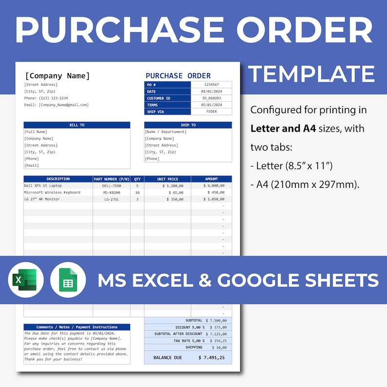 Purchase Order Template | Printable Editable Excel Spreadsheet & Google ...
