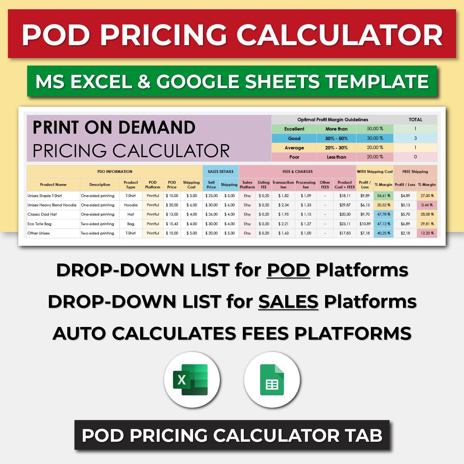 POD Platforms Profit & Fees Calculator. Printify Printful Gelato AOP+ ...
