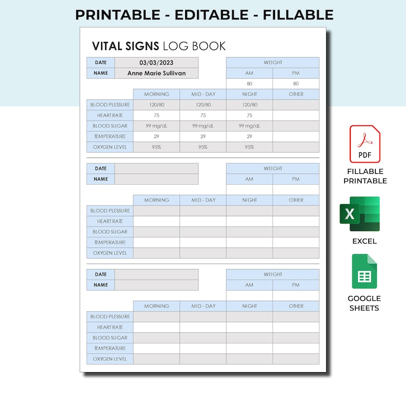 Editable Printable Vital Signs Log, Vital Sign Sheet, Vital Signs ...