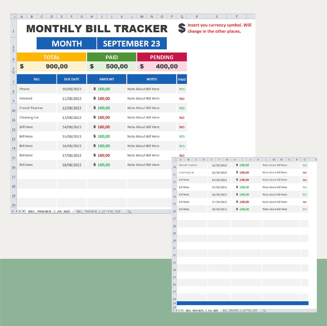 Excel Bill Tracker Template. Monthly Bill Management Tool. Track Paid ...