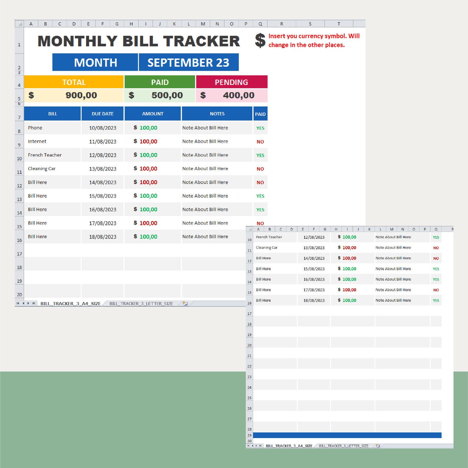 Excel Bill Tracker Template. Monthly Bill Management Tool. Track Paid ...