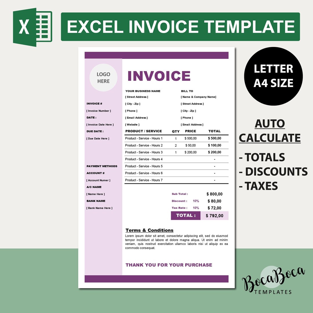 Excel Invoice Template. Excel Invoice Spreadsheet. Excel Invoice Sheet ...