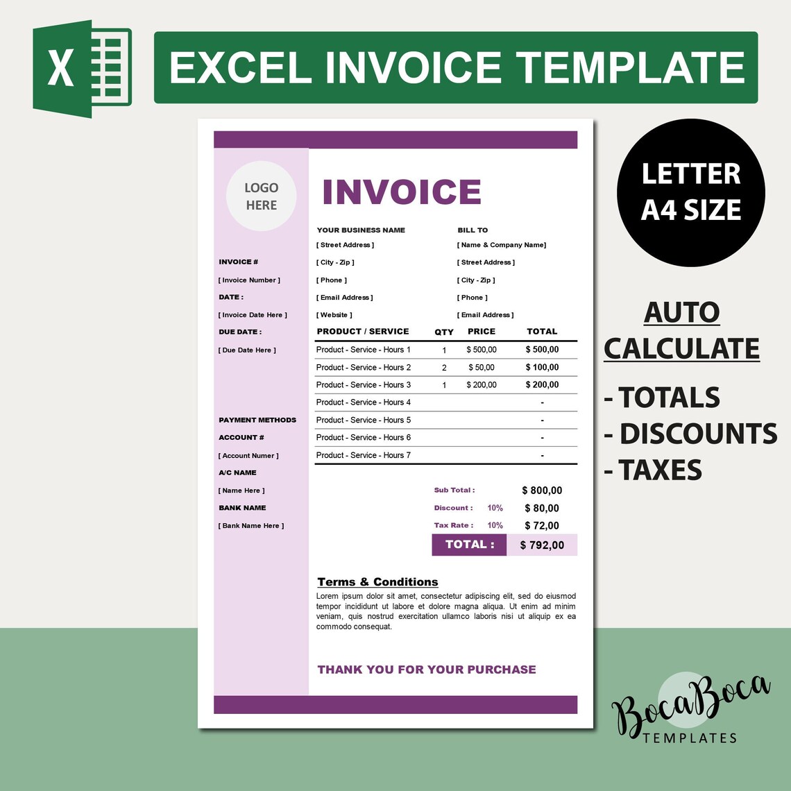 Excel Invoice Template. Excel Invoice Spreadsheet. Excel Invoice Sheet ...
