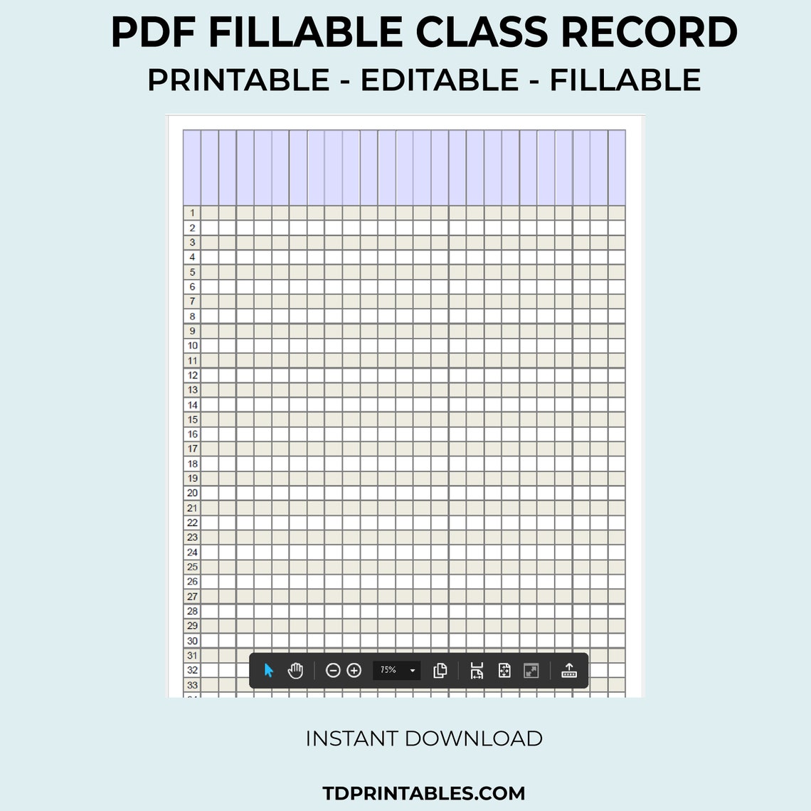 Printable Fillable Class Record, Class Gradebook, Teacher Gradebook ...