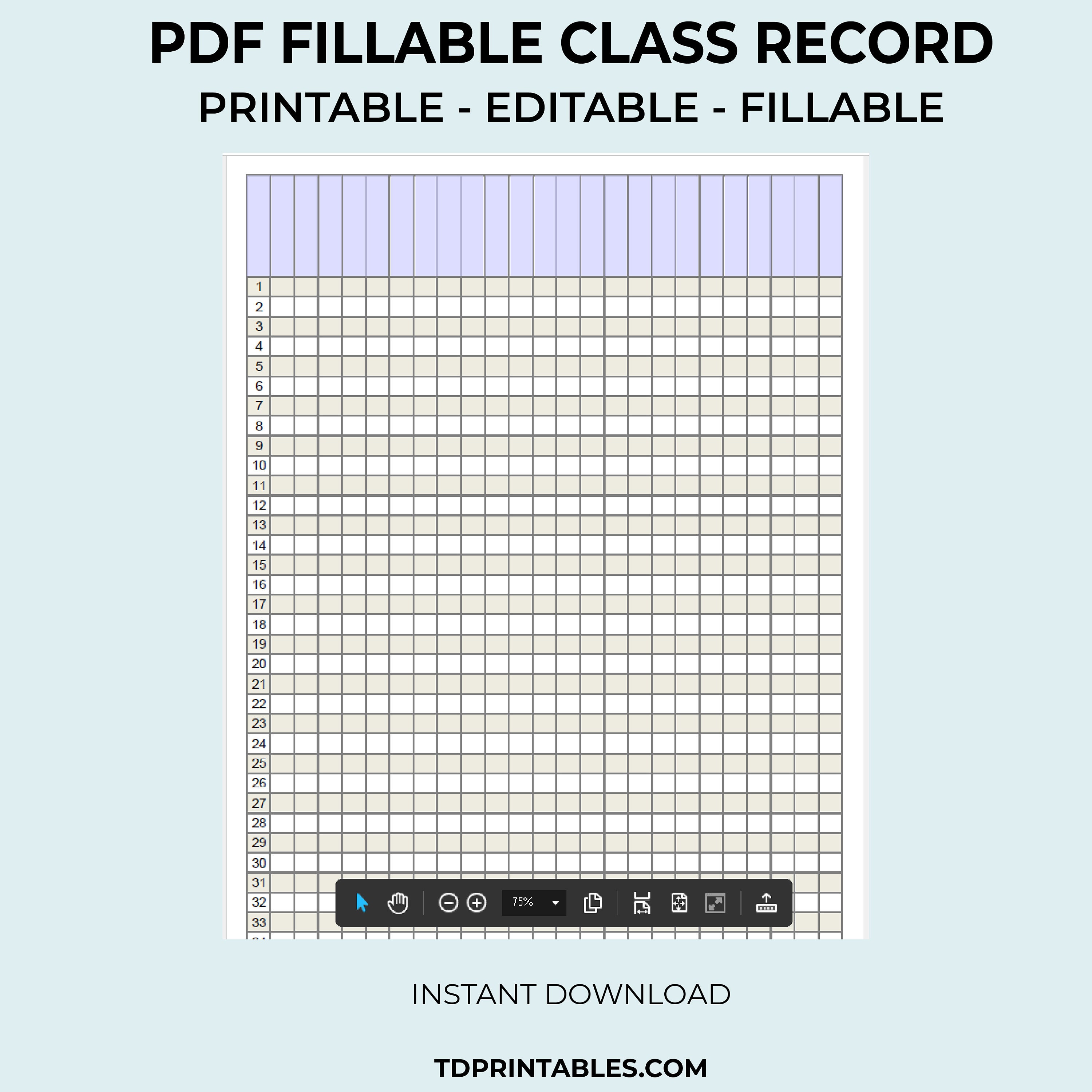 Printable Fillable Class Record, Class Gradebook, Teacher Gradebook ...
