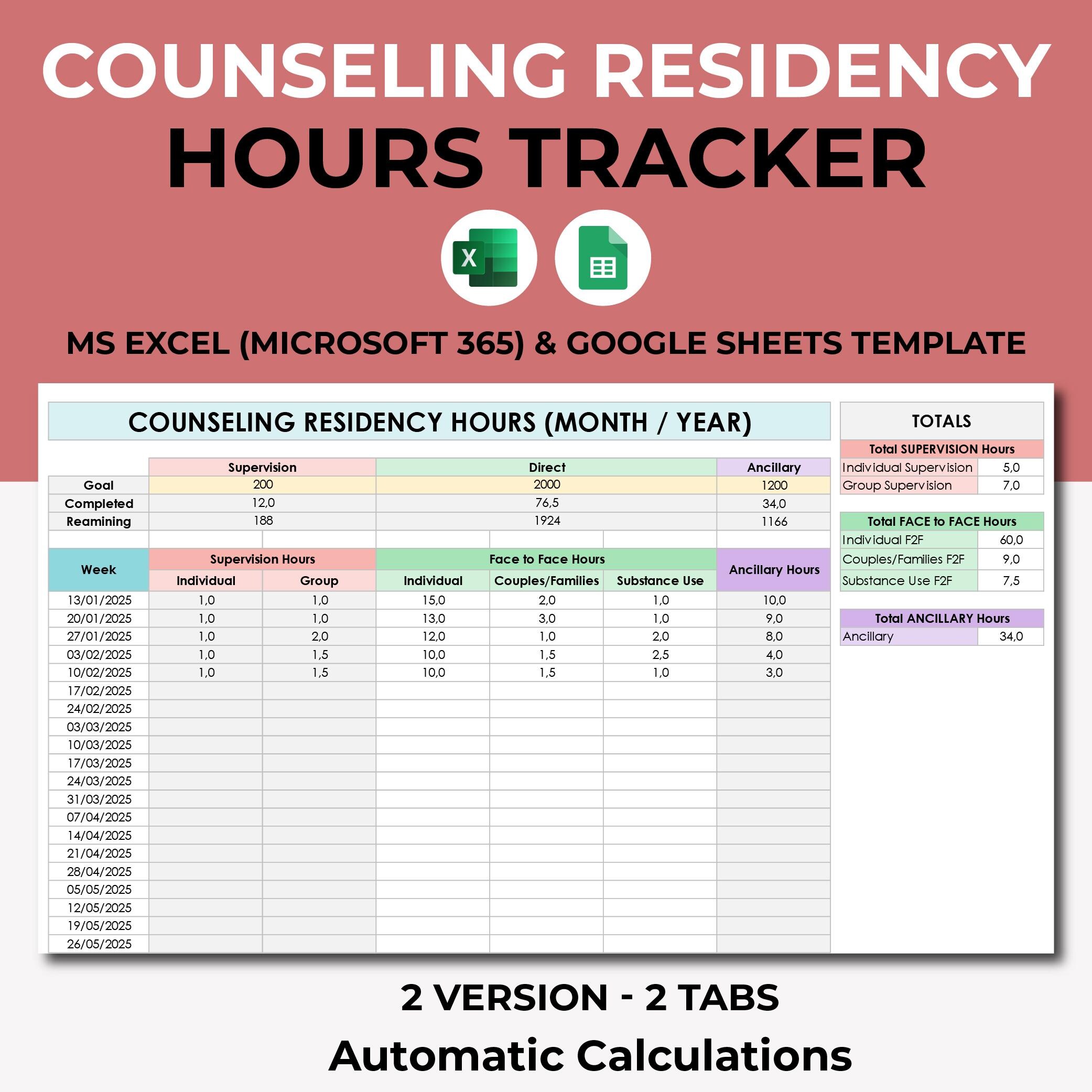 Therapist Counseling Residency Hours Tracker Spreadsheet Template ...
