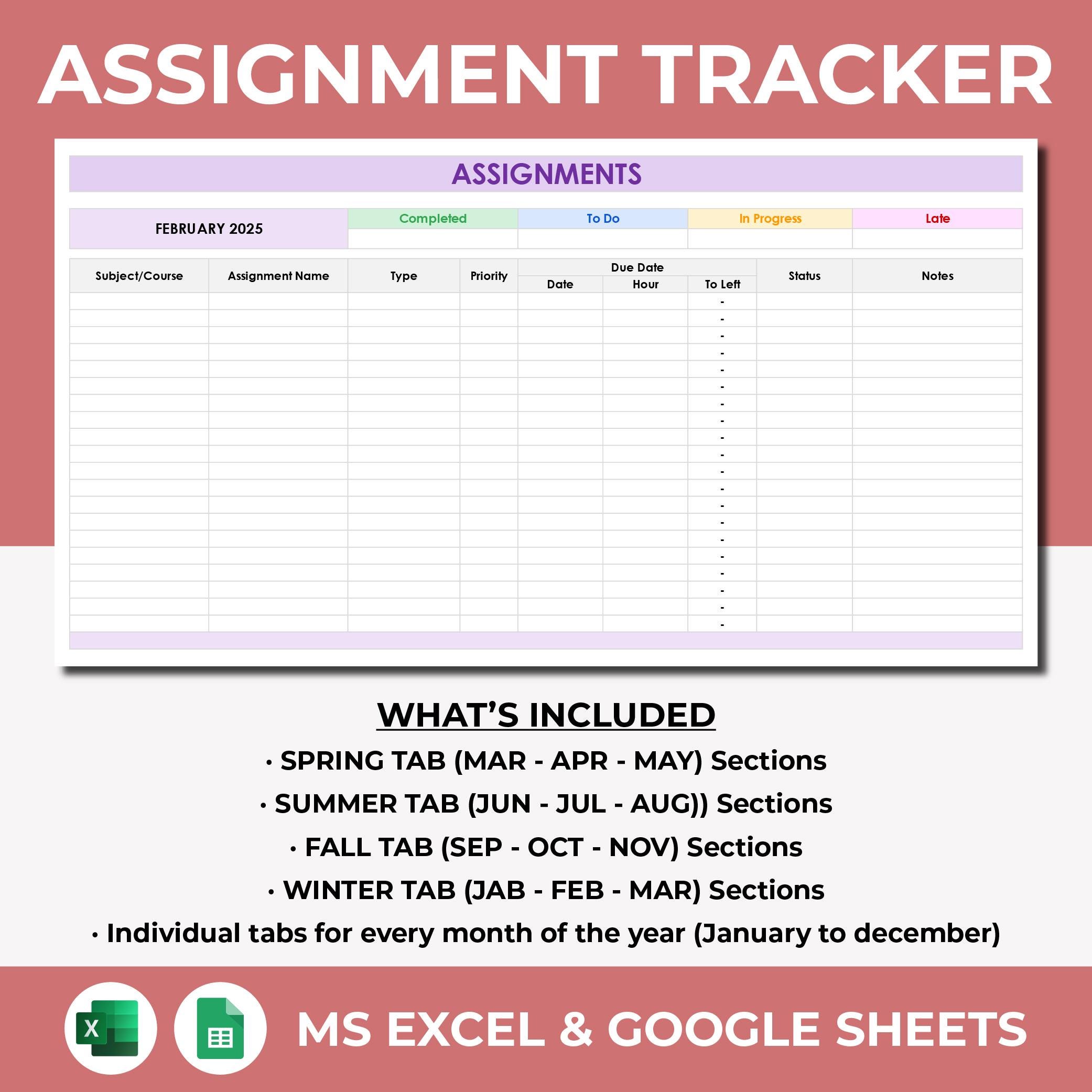 Google Sheets Study Tracker Template, Excel Student Assignment Tracker ...