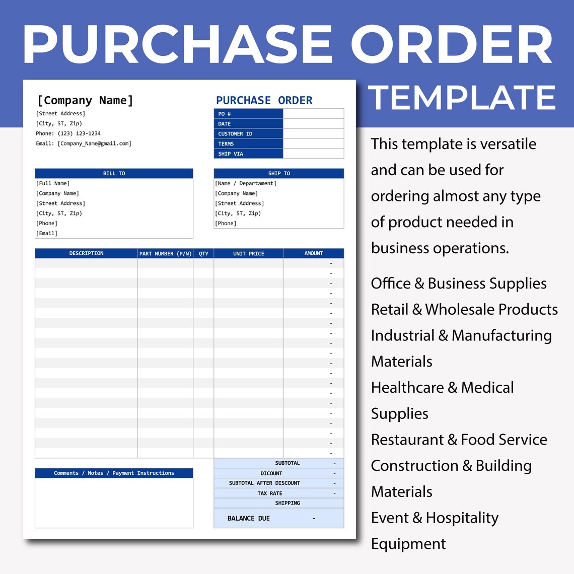 Purchase Order Template | Printable Editable Excel Spreadsheet & Google ...