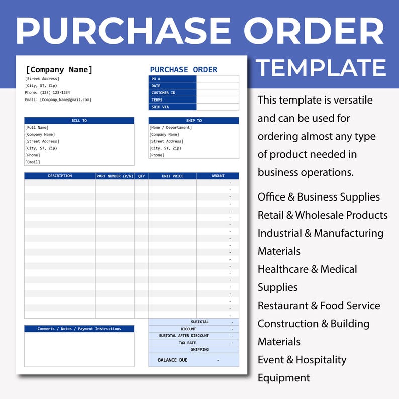 Purchase Order Template | Printable Editable Excel Spreadsheet & Google ...