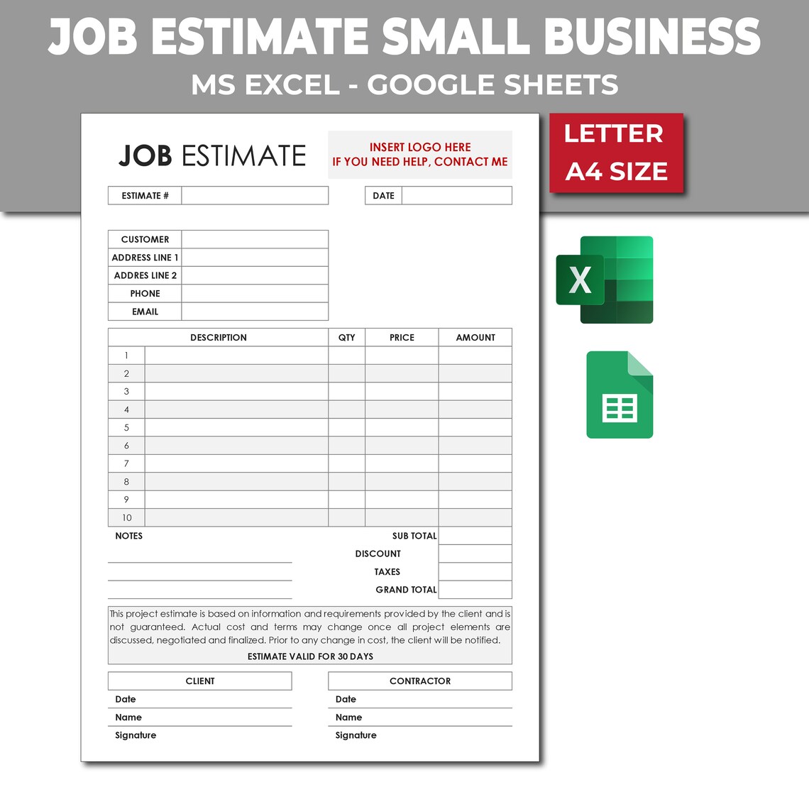 Job Estimate Template. Excel Editable Spreadsheet. Google Sheets ...