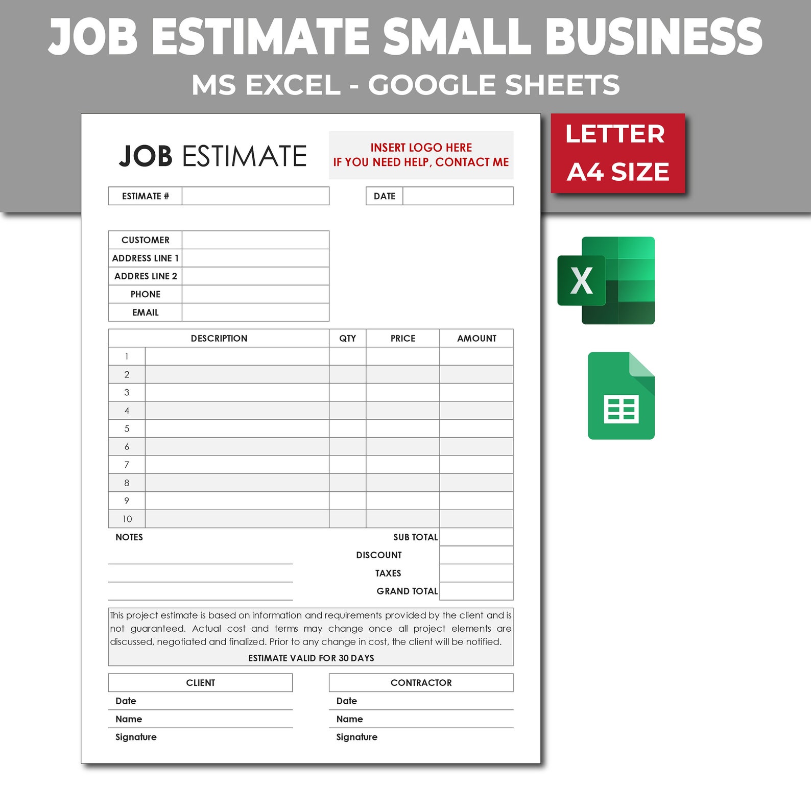 Job Estimate Template. Excel Editable Spreadsheet. Google Sheets ...