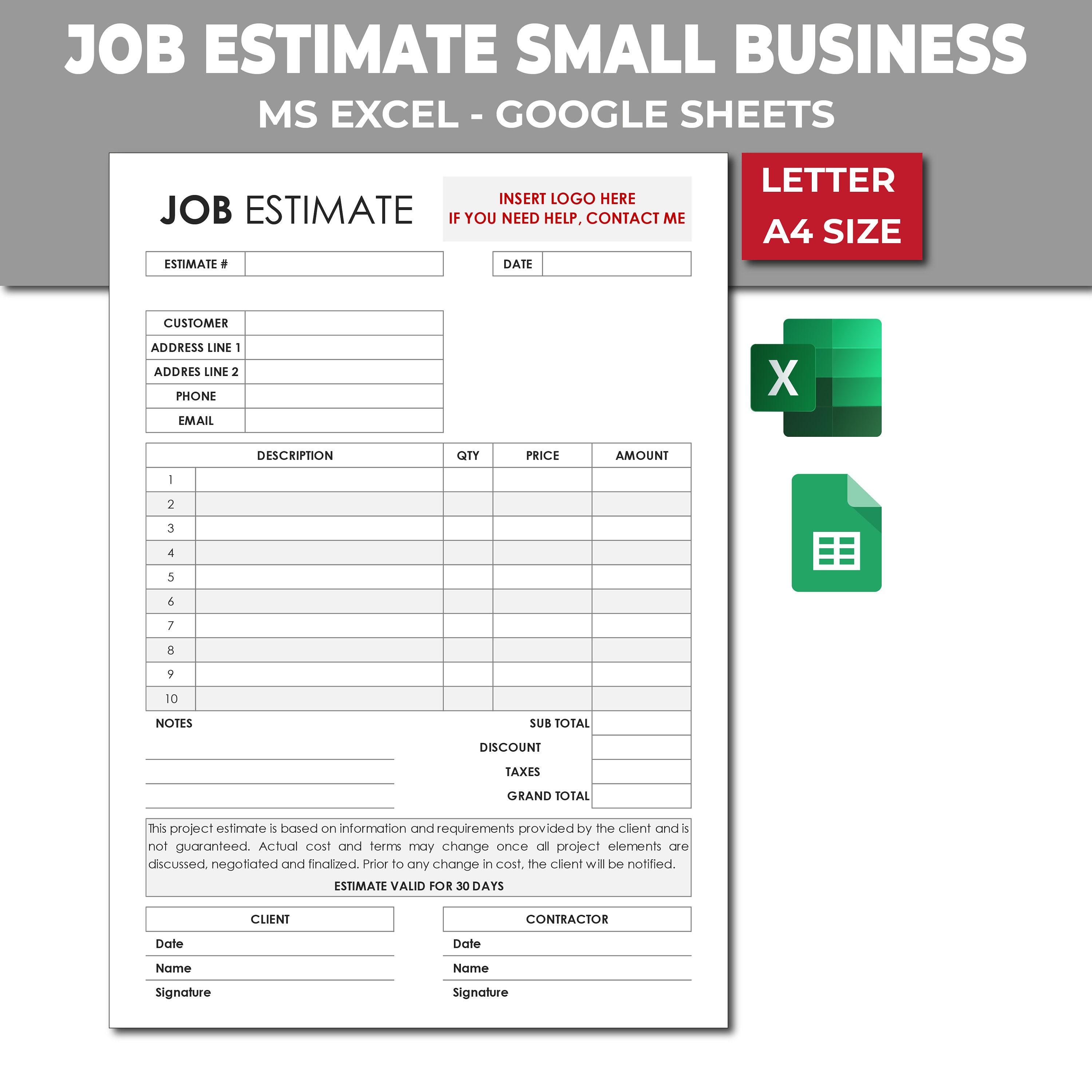 Job Estimate Template. Excel Editable Spreadsheet. Google Sheets ...