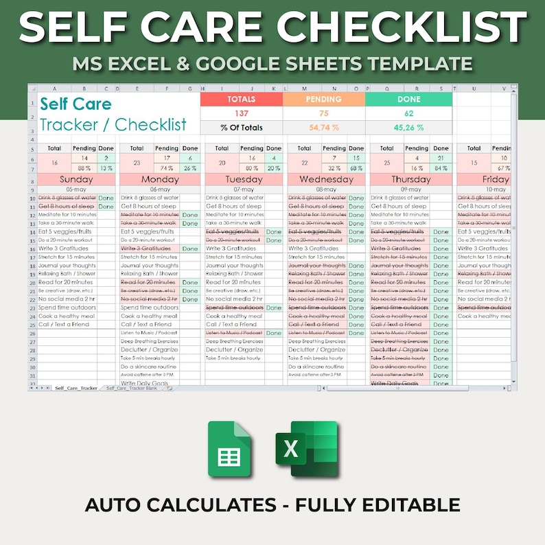 Self Care Tracker / Checklist Spreadsheet Template. Excel & Google ...