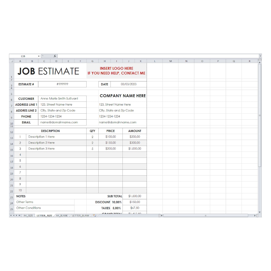 Job Estimate Template. Excel Editable Spreadsheet. Google Sheets ...