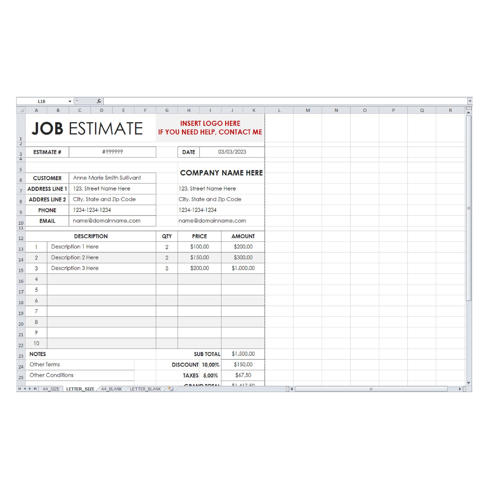 Job Estimate Template. Excel Editable Spreadsheet. Google Sheets ...
