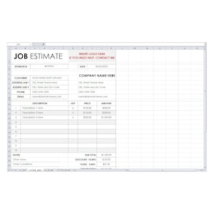 Job Estimate Template. Excel Editable Spreadsheet. Google Sheets ...