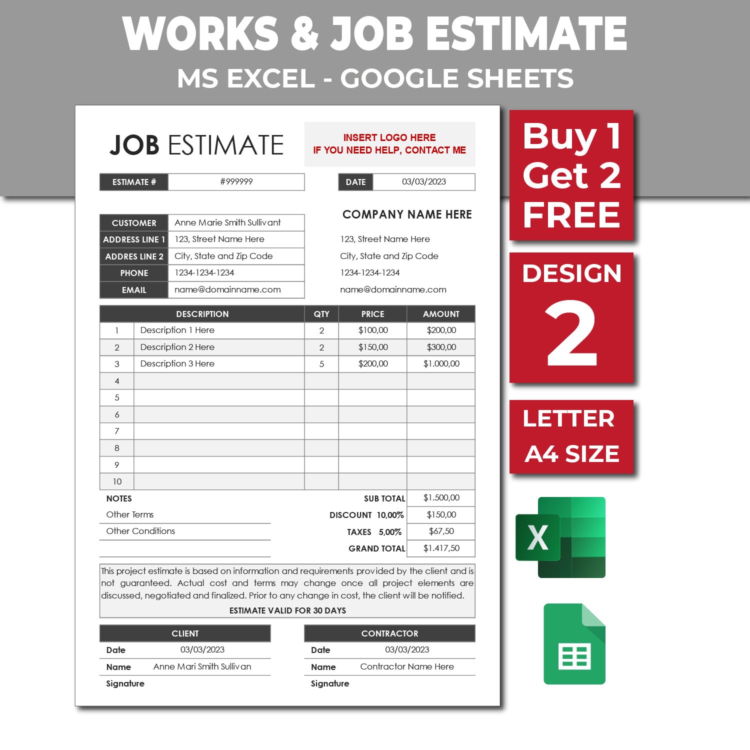 Job Estimate Template. Excel Editable Spreadsheet. Google Sheets ...