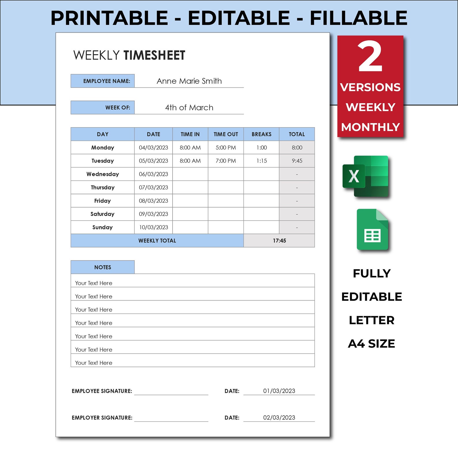 Printable Employee Time Sheet. Weekly Time Tracker Spreadsheet Template ...