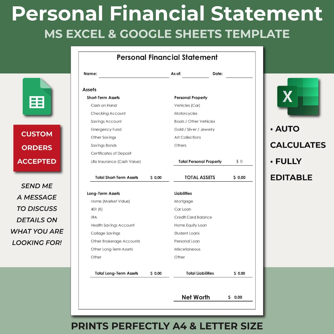 Personal Financial Statement Spreadsheet Template. Google Sheet & Excel ...