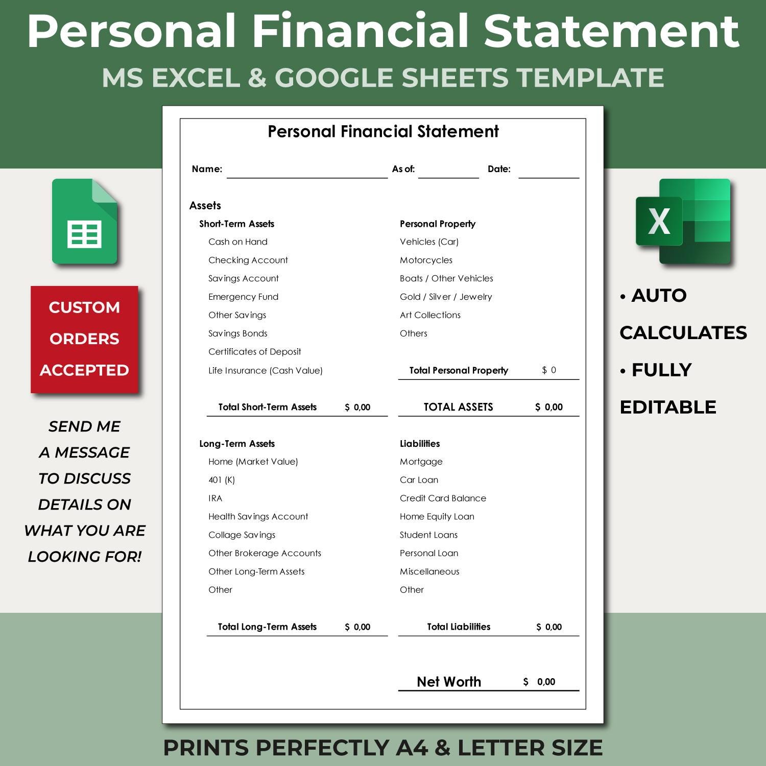 Personal Financial Statement Spreadsheet Template. Google Sheet & Excel ...