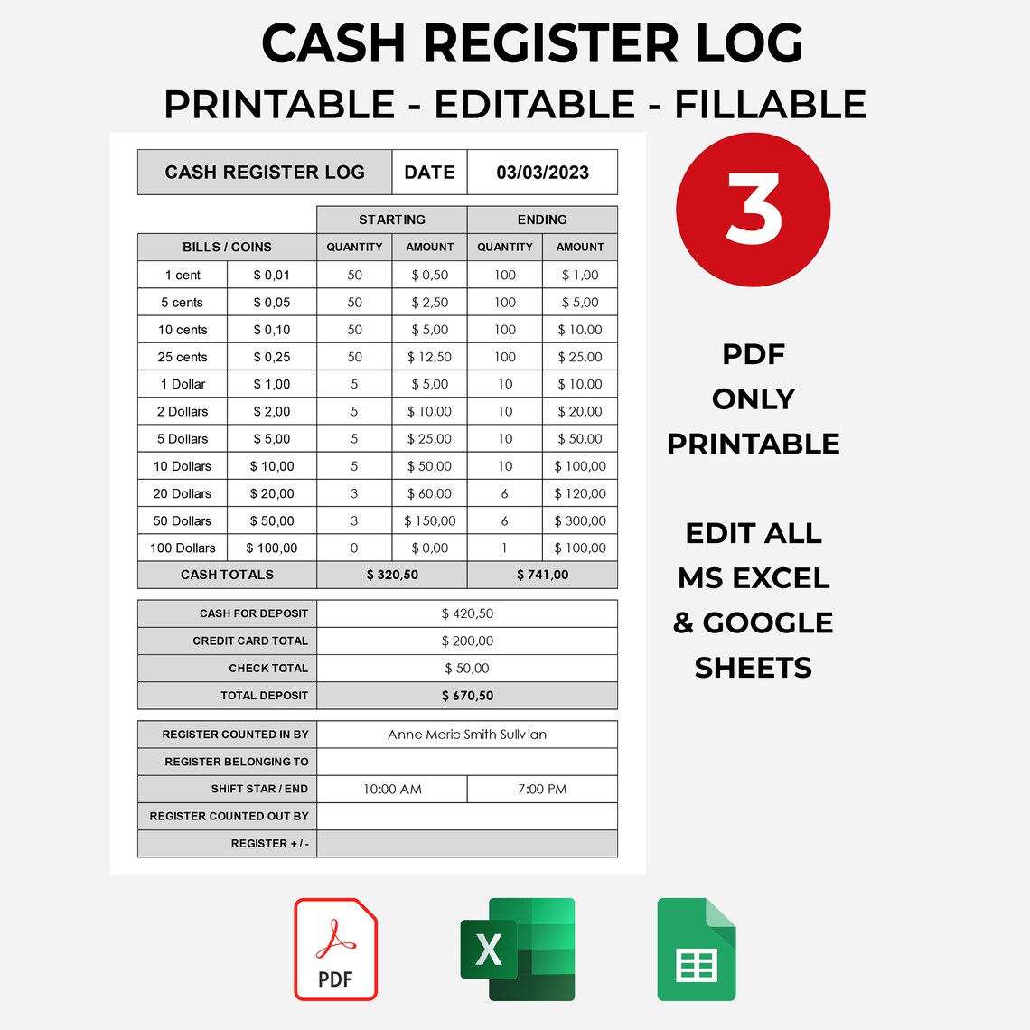 Cash Register Log, Cash Registry, Cash Log, Petty Cash, Money Log ...