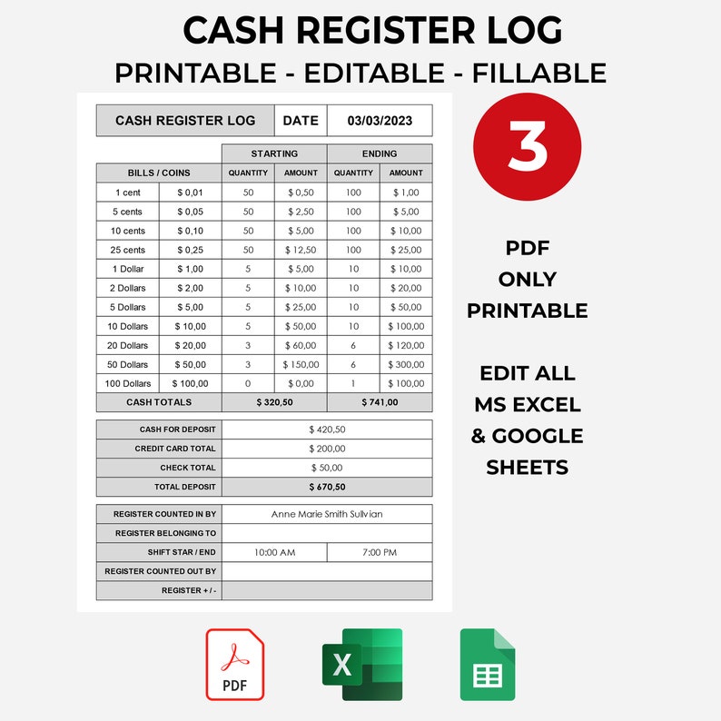 Cash Register Log, Cash Registry, Cash Log, Petty Cash, Money Log, Closing Cash Registry ...