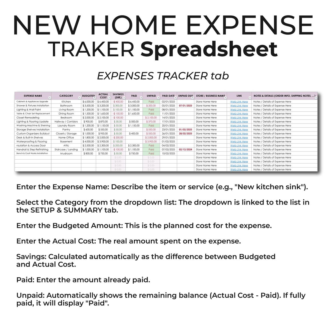 New Home Expense Tracker Spredsheet Template, Excel & Google Sheets ...