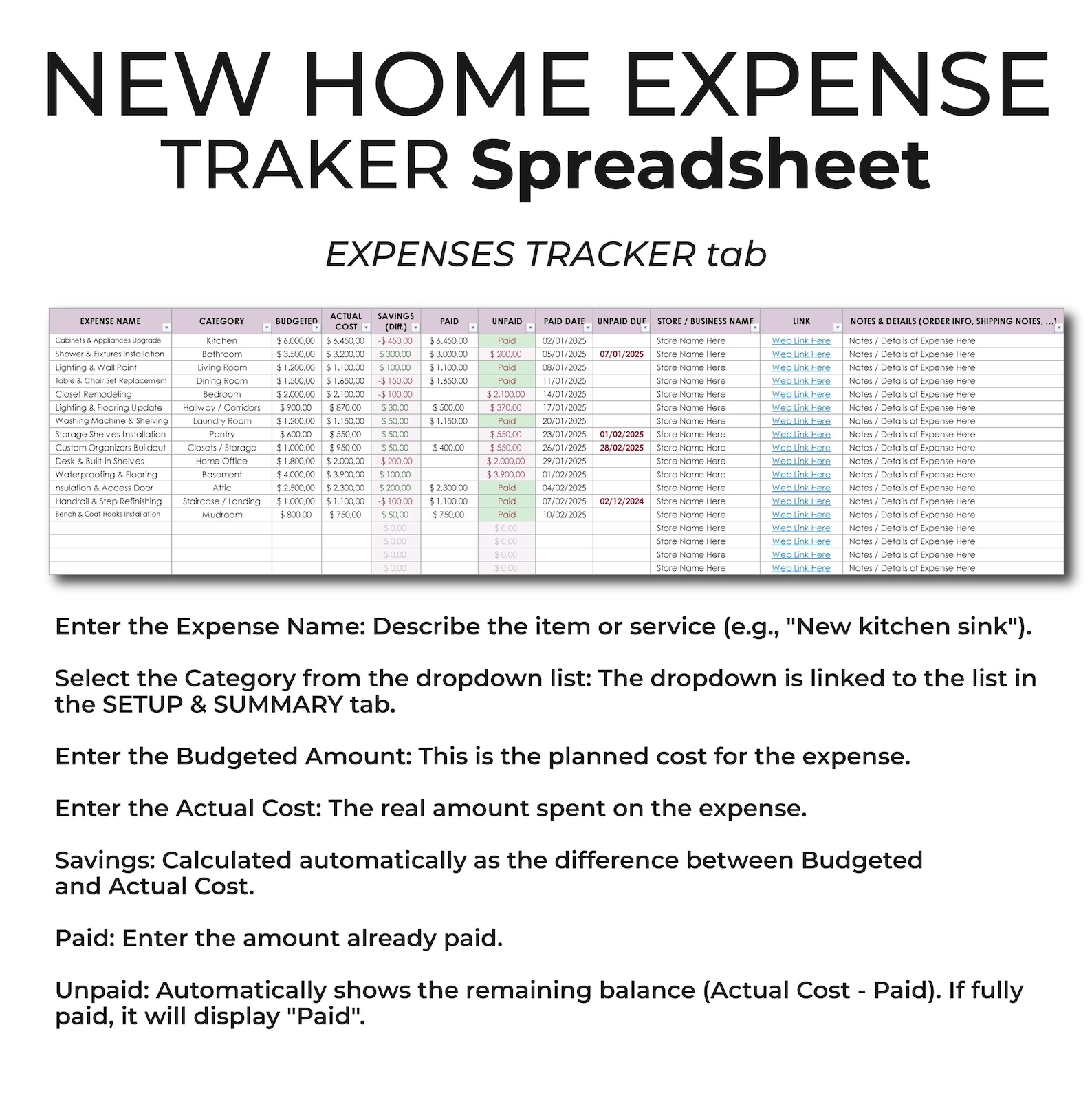 New Home Expense Tracker Spredsheet Template, Excel & Google Sheets ...