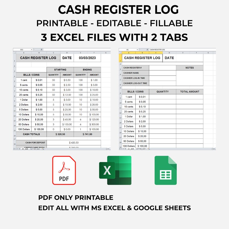Cash Register Log, Cash Registry, Cash Log, Petty Cash, Money Log, Closing Cash Registry ...