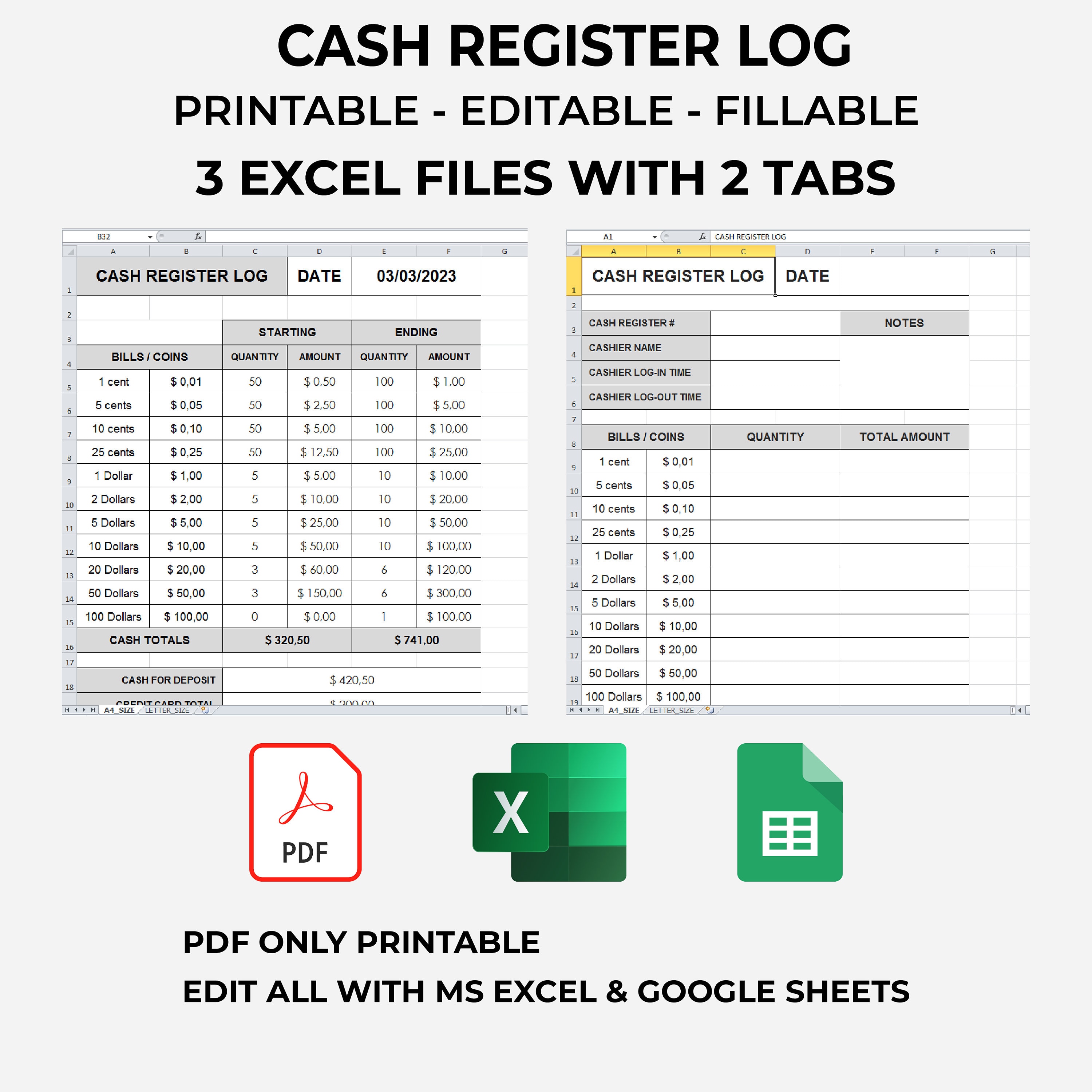 Cash Register Log, Cash Registry, Cash Log, Petty Cash, Money Log ...