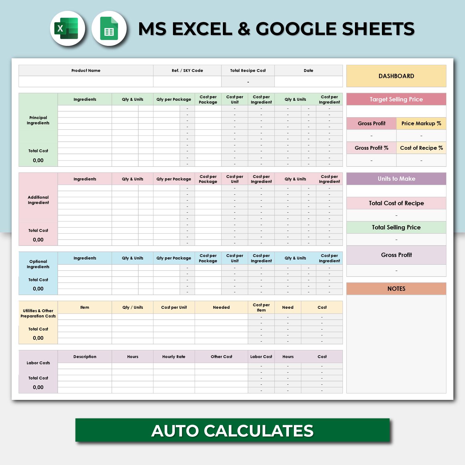 Recipe Cost Calculator Spreadsheet Template. Excel Google Sheets ...