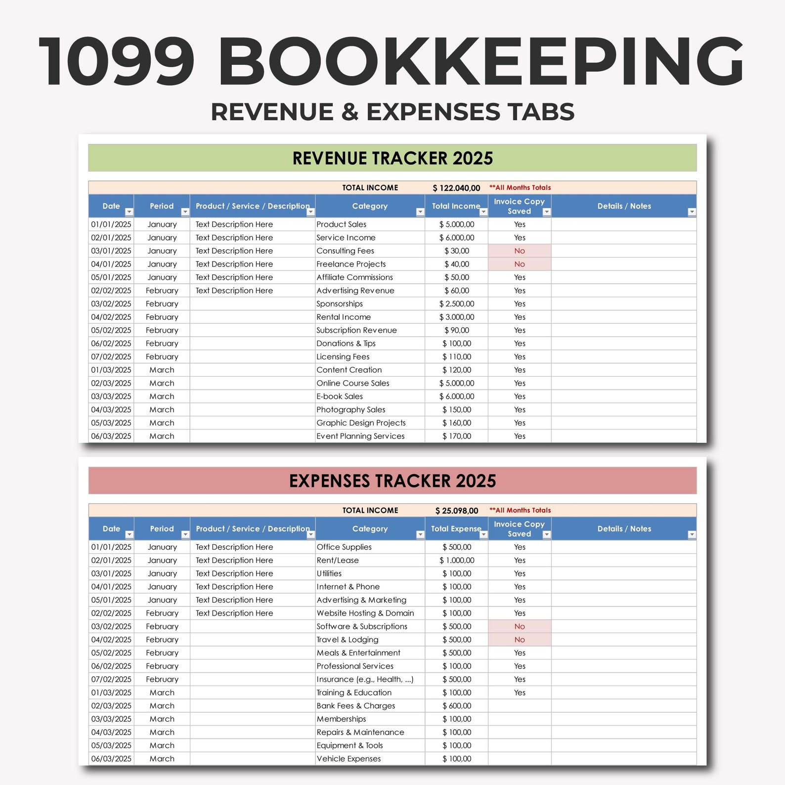 Bookkeeping Spreadsheet, Revenue Tracker, Expenses Tracker, Profit Loss ...