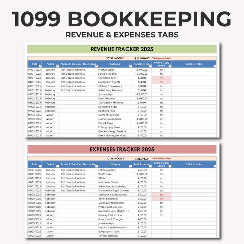 Bookkeeping Spreadsheet, Revenue Tracker, Expenses Tracker, Profit Loss ...