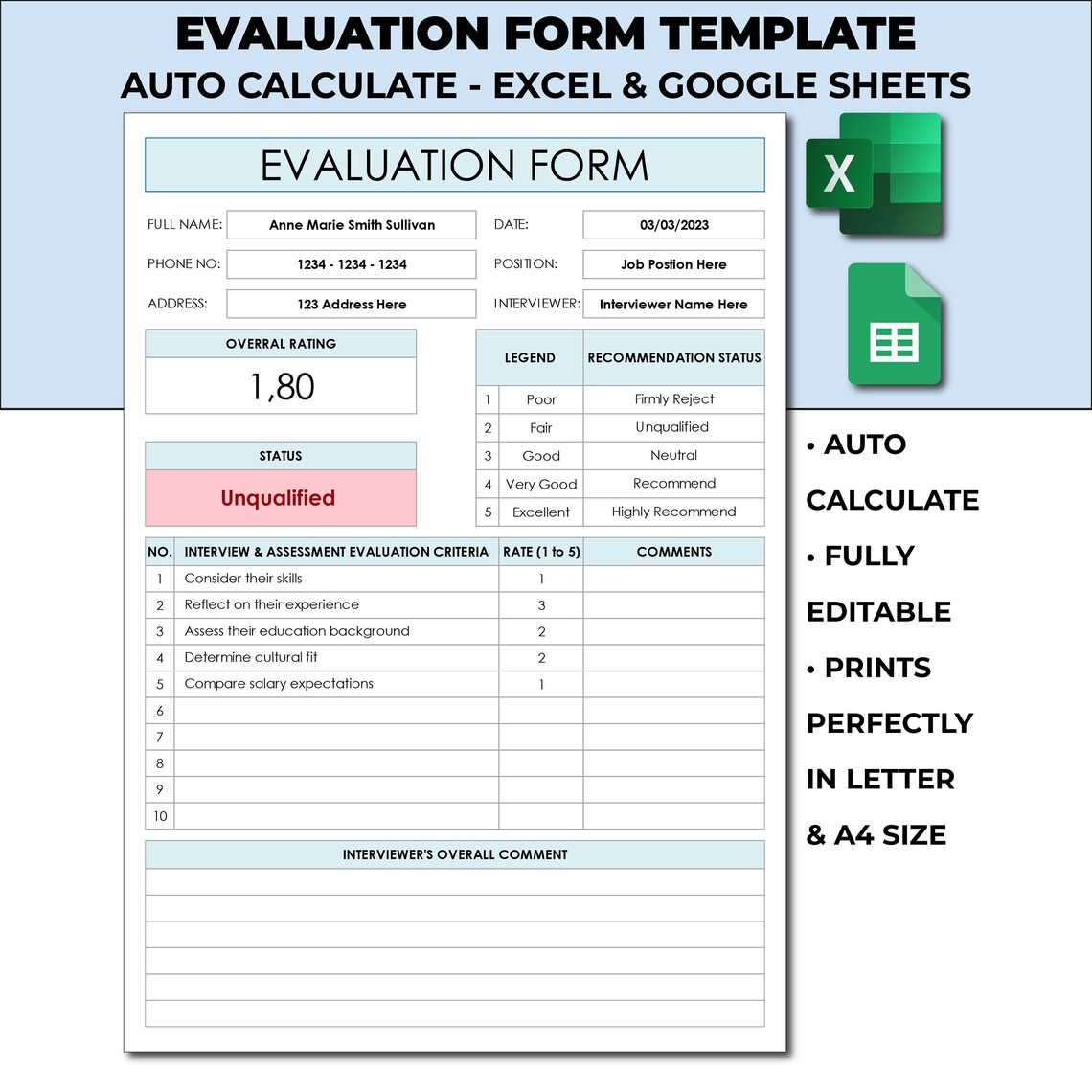 Evaluation Form Spreadsheet Template. Performance Evaluation Form ...