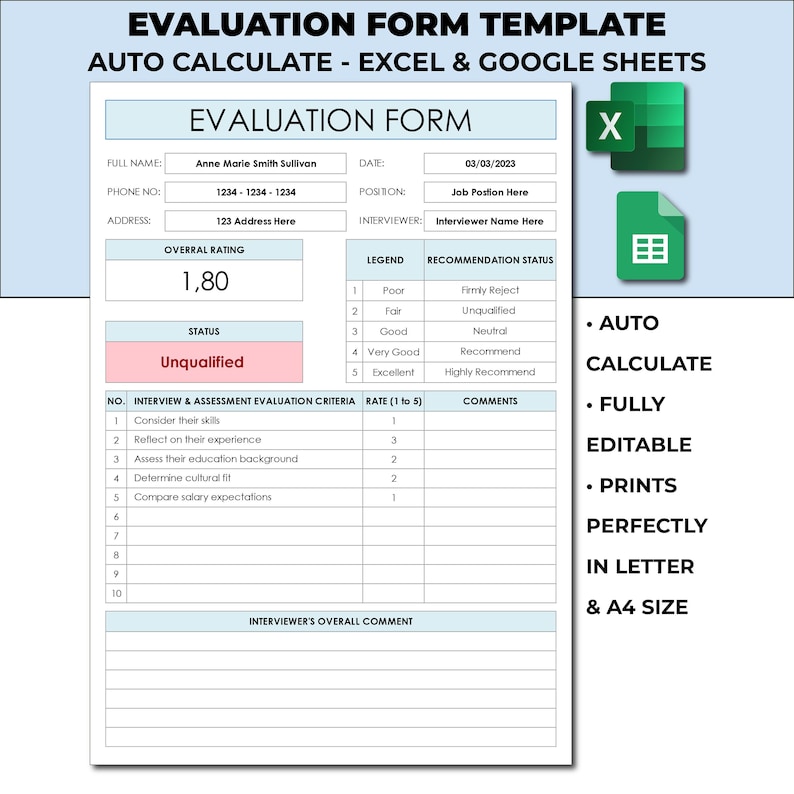 Evaluation Form Spreadsheet Template. Performance Evaluation Form ...