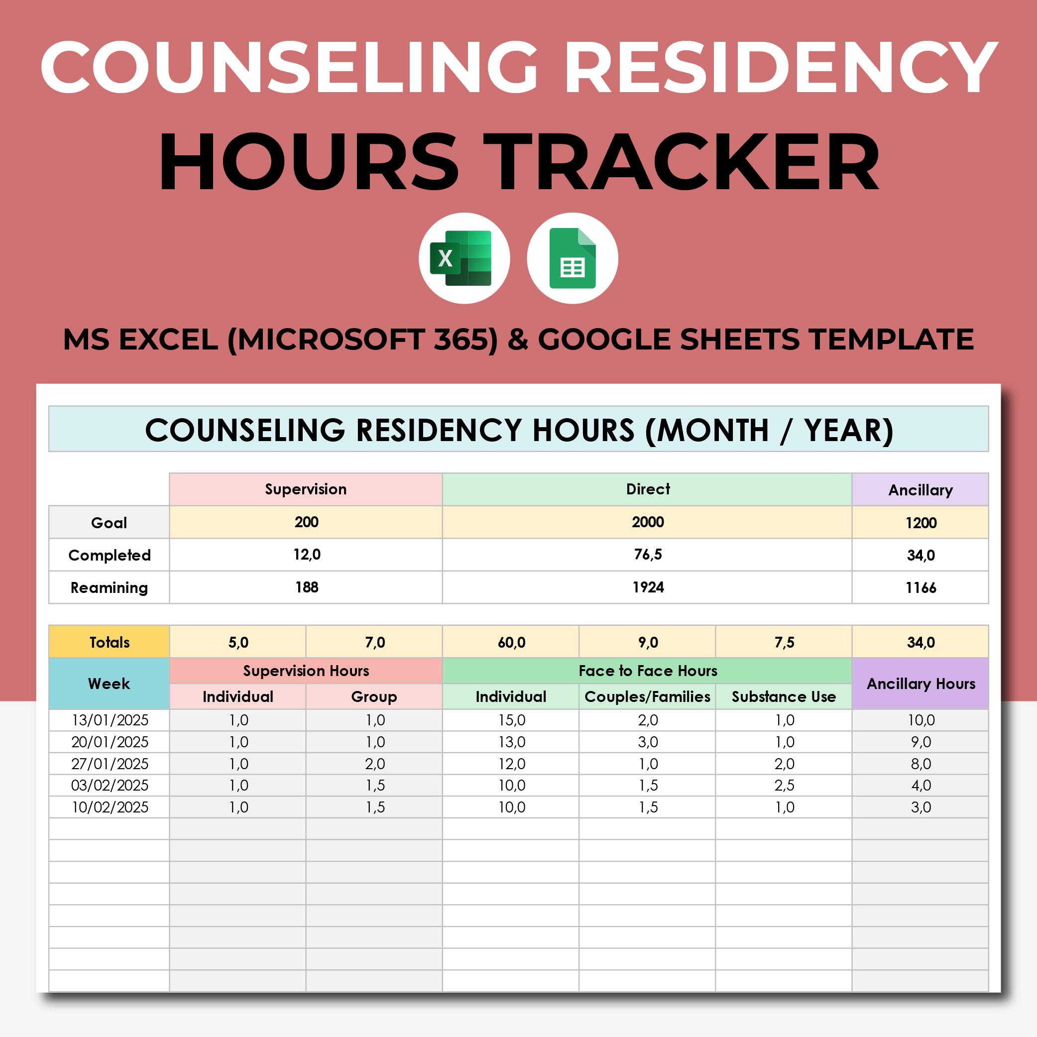 Therapist Counseling Residency Hours Tracker Spreadsheet Template ...