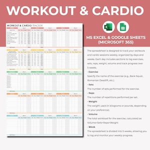 Workout & Cardio Program Tracker Spreadsheet for Excel Google Sheets ...