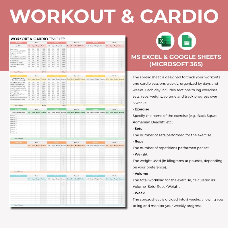 Workout & Cardio Program Tracker Spreadsheet for Excel Google Sheets ...